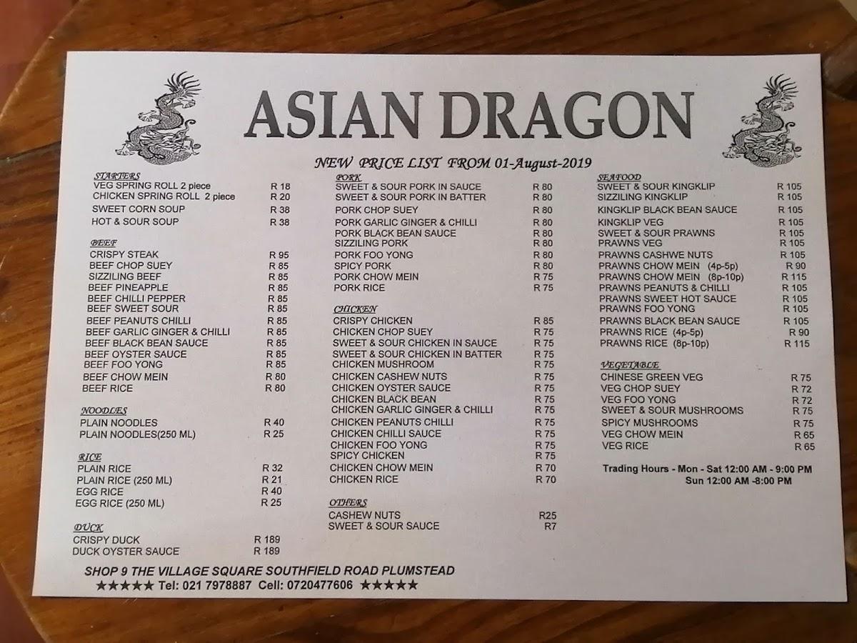 Menu at Asian Dragon Chinese Food & Sushi Takeaway restaurant, Cape Town