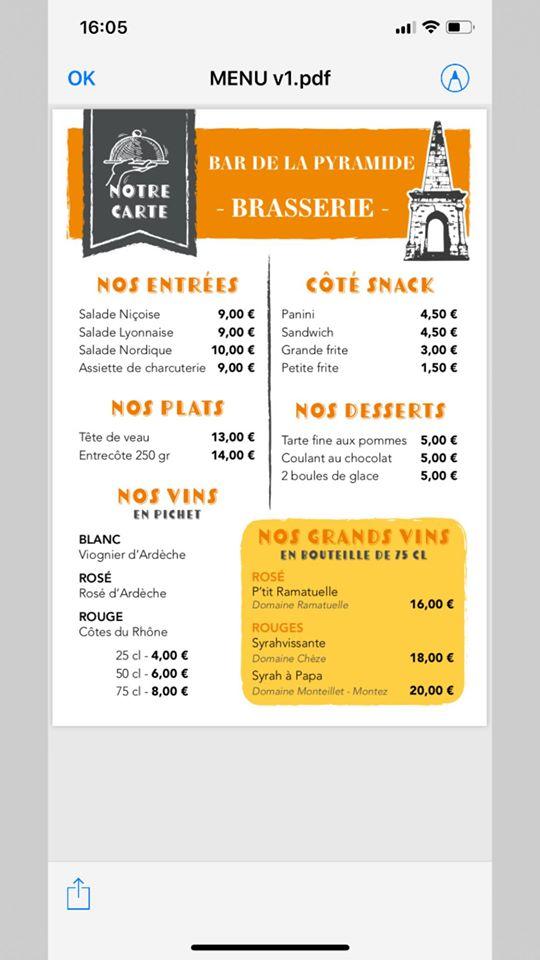 Menu au Bar De La Pyramide, Vienne