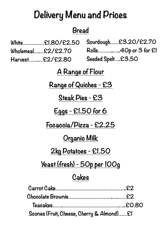 Menu at Bedale Community Bakery, Bedale
