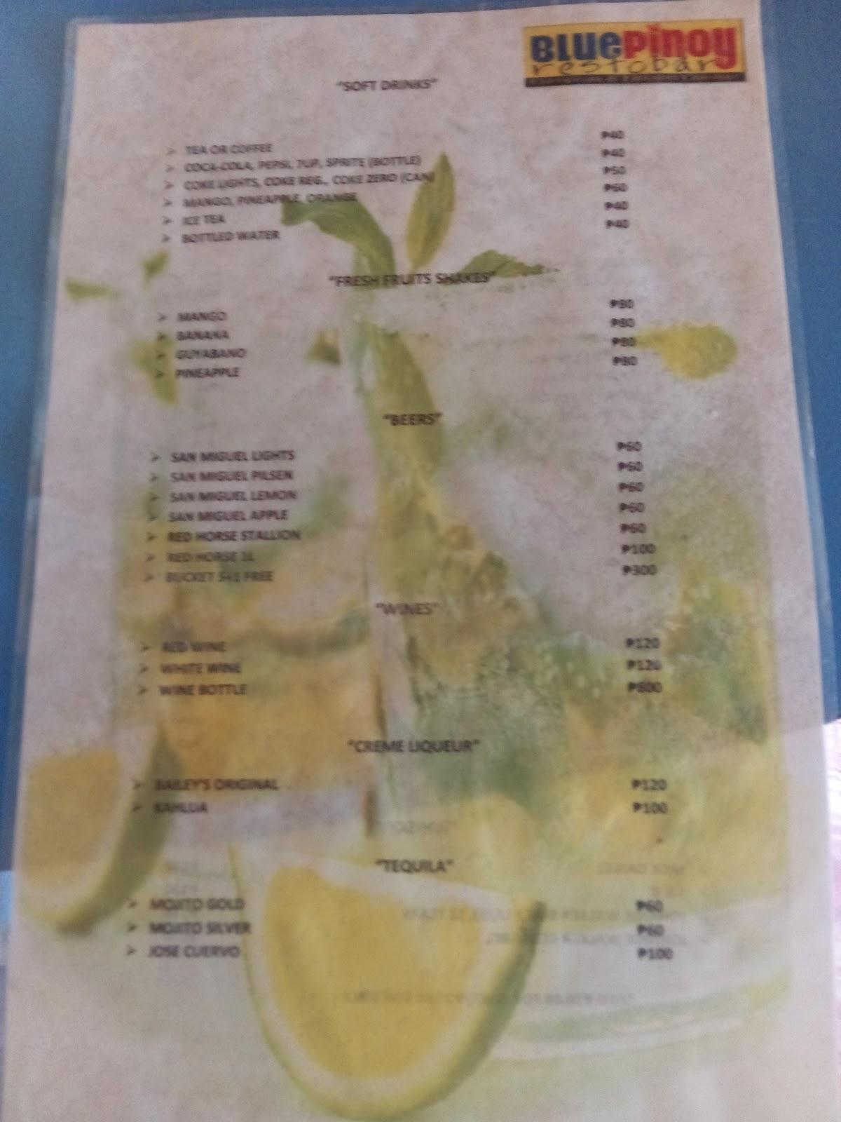 Menu at Blue Pinoy Bar and Restaurant, Puerto Princesa