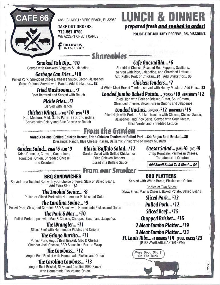 Menu at Cafe 66, Vero Beach, 685 US-1