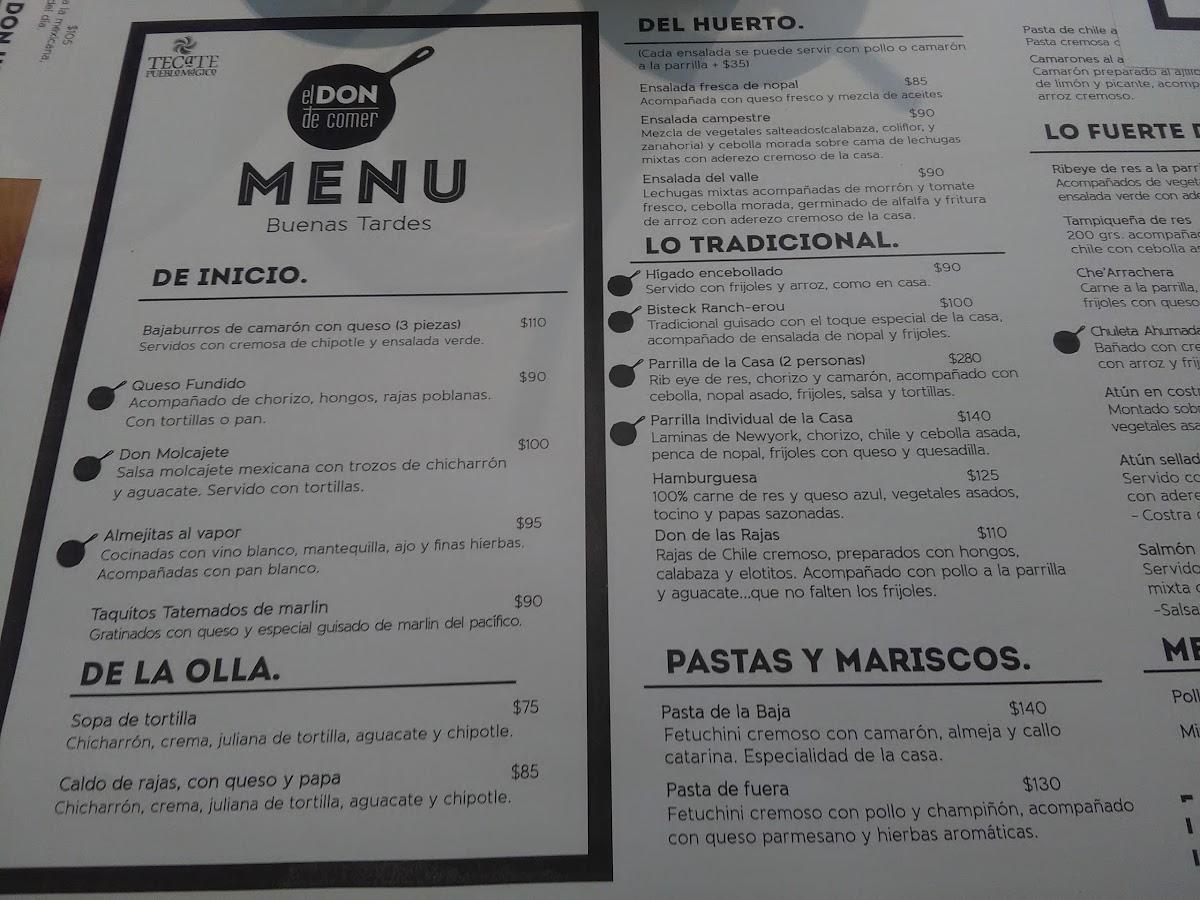 Menu at El Don De Comer restaurant, Tecate