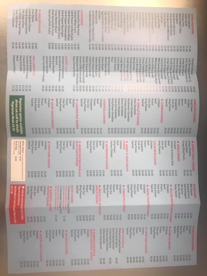 Menu at Hunts Cross Supper Bar, Liverpool