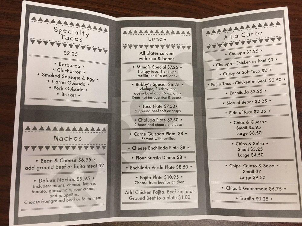 Menu at Mima's Tacos To Go restaurant, Canyon Lake