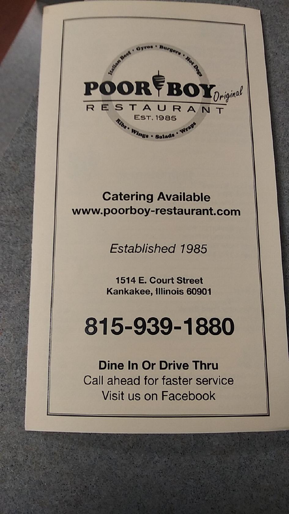 Carta de Poor Boy Restaurant, Kankakee
