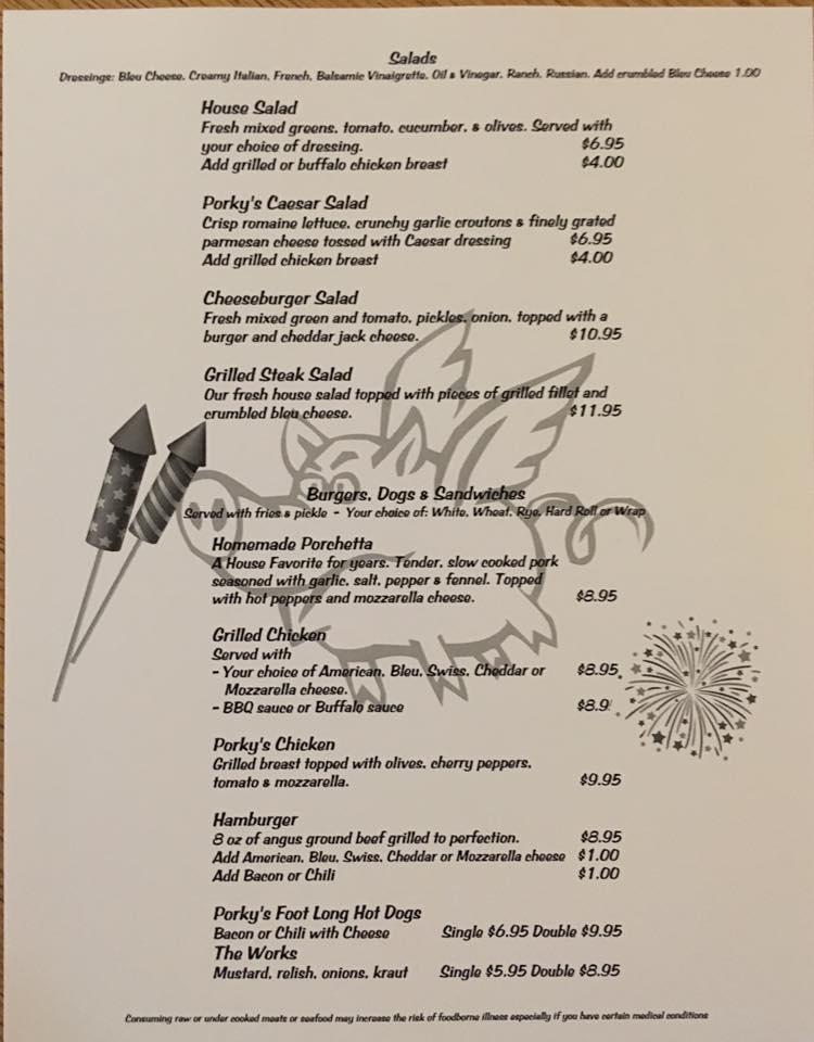 Menu at Porky's Cafe, Shelton