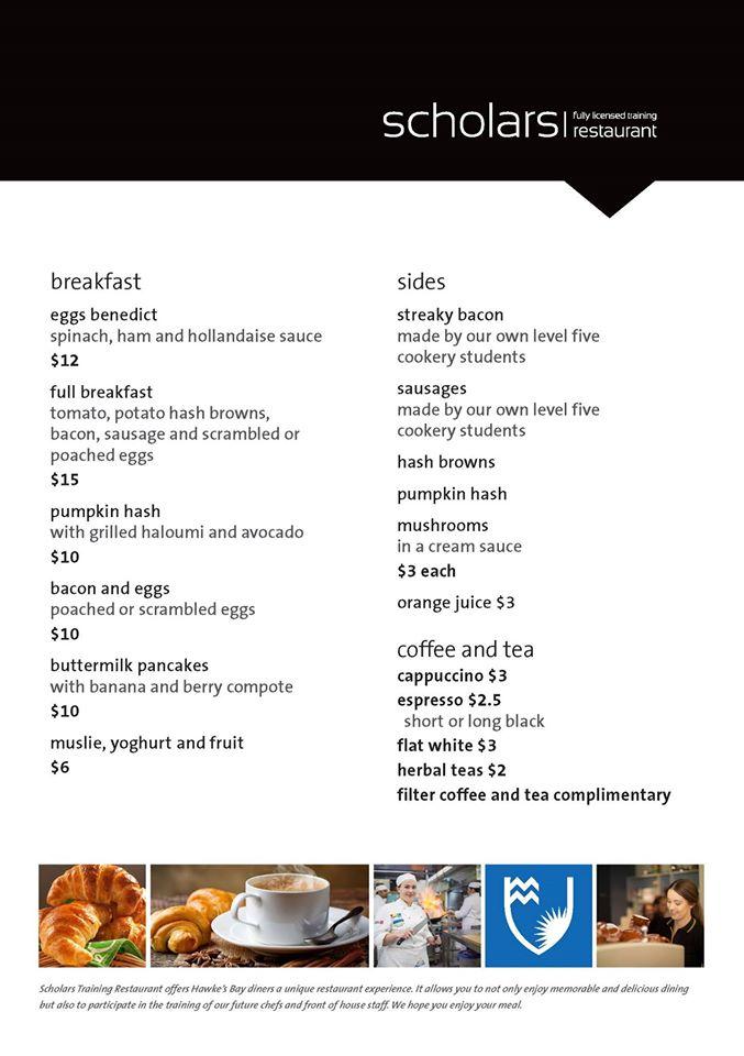Menu at Scholars cafe, Napier