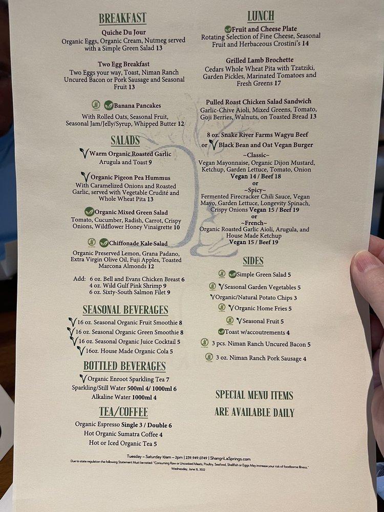 Menu at Harvest & Wisdom at Shangri-La Springs restaurant, Bonita Springs
