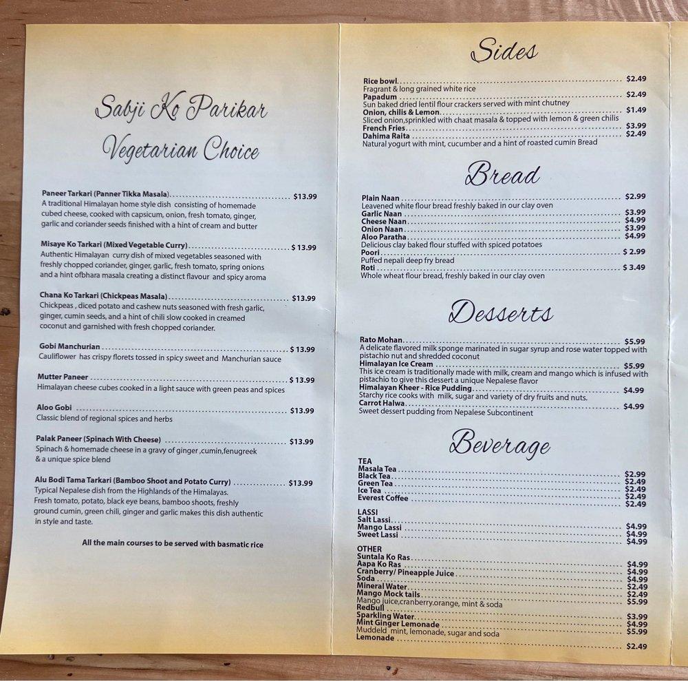 Menu at Taste From Everest restaurant, New York City