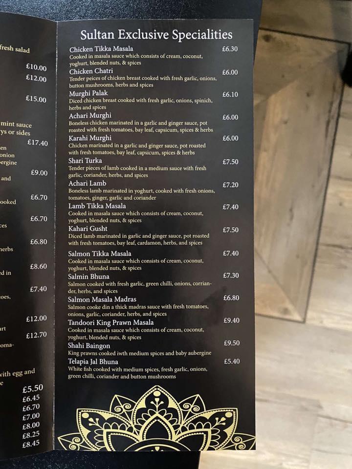 Menu at The Sultan of Jarrow restaurant, Jarrow