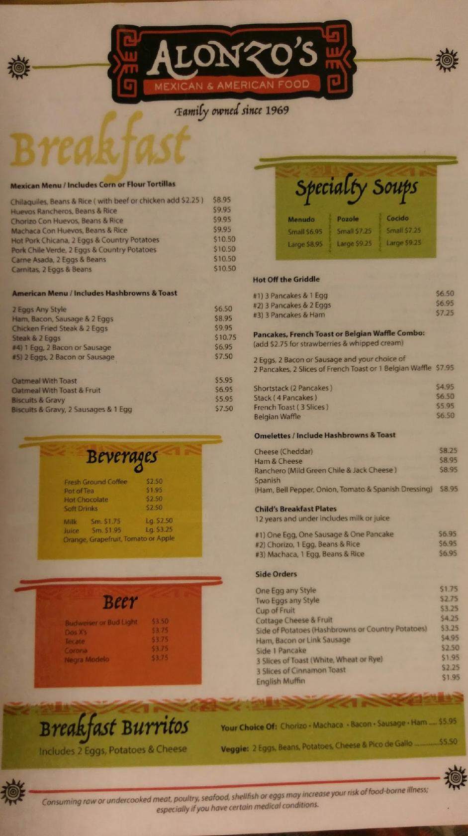 Menu at Alonzo's Mexican & American Food restaurant, Sacramento