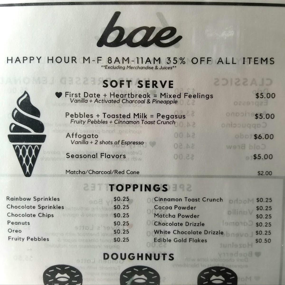 Menu at Bae & Co. desserts, Los Angeles