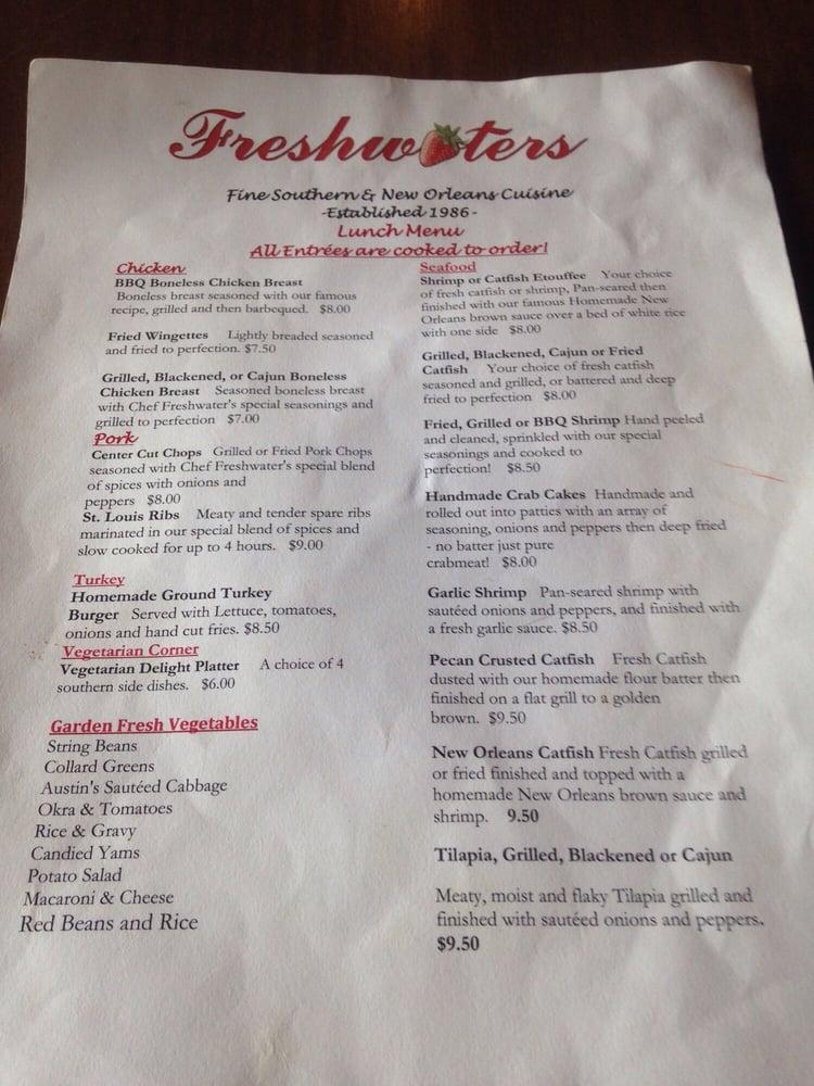 Menu at Freshwaters Southern New Orleans restaurant, Charlotte