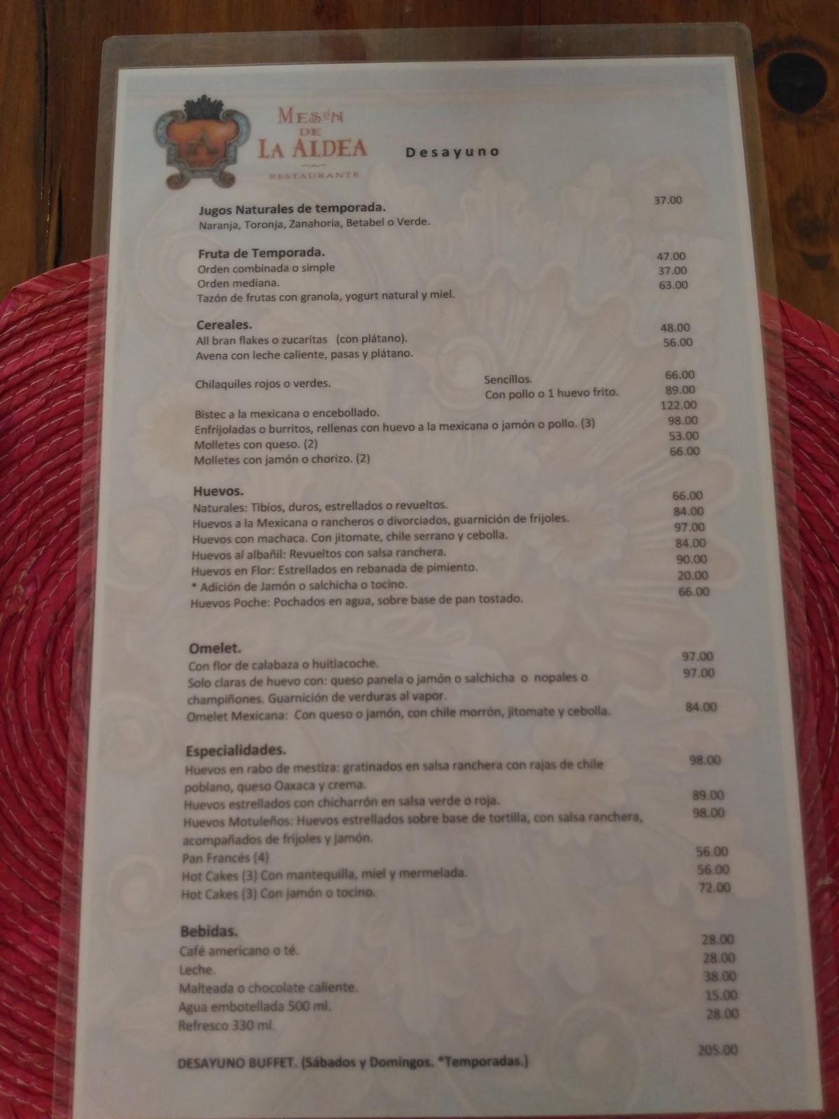 Menu at Mesón De La Aldea restaurant, San Miguel de Allende