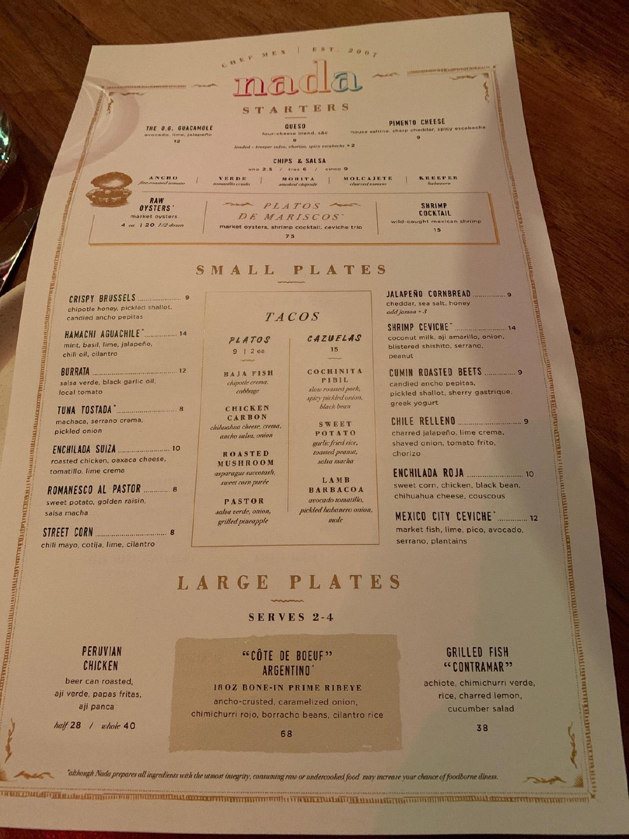 Menu at Nada restaurant, Cincinnati