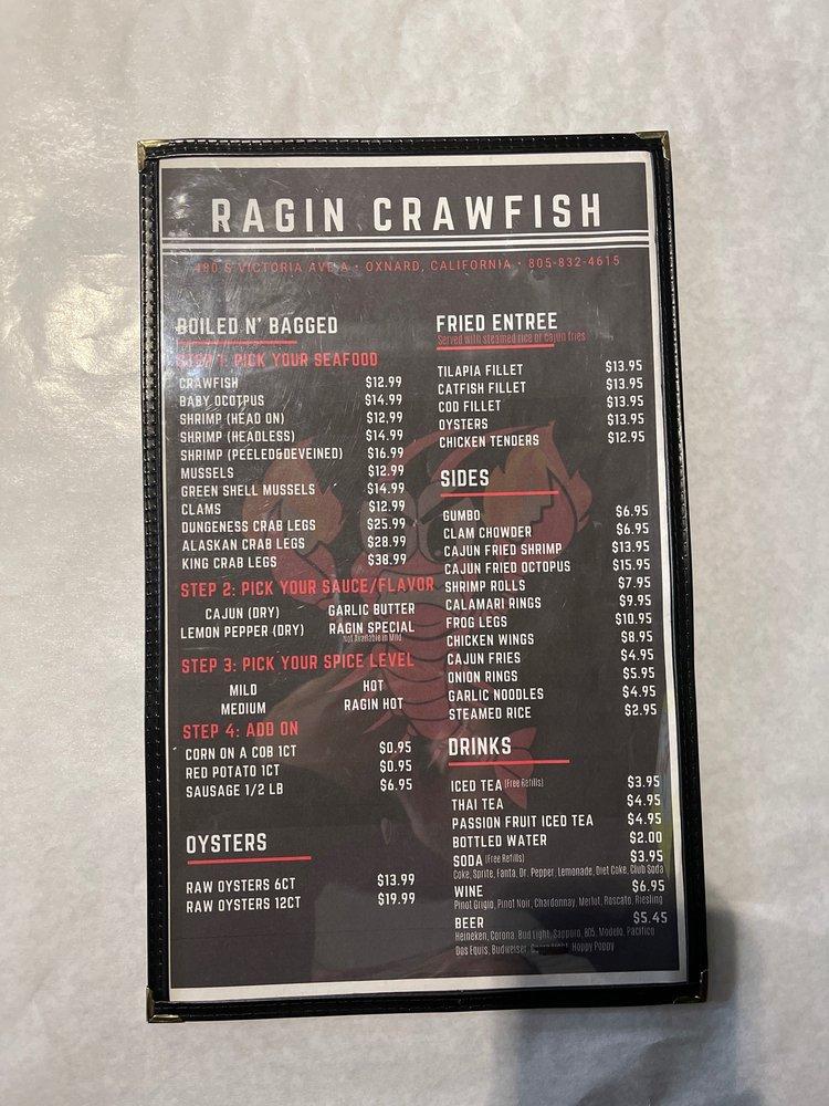 Menu at Ragin Crawfish restaurant, Oxnard