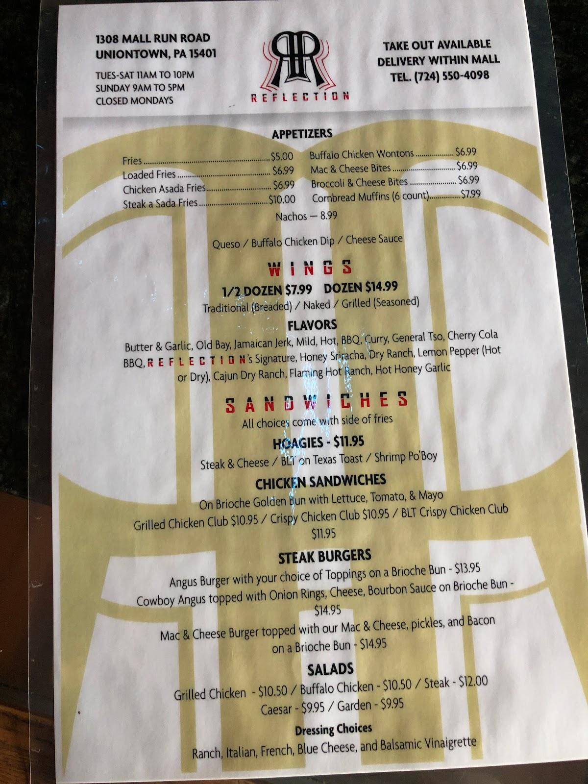 Menu at Reflection (soul food) restaurant, Uniontown