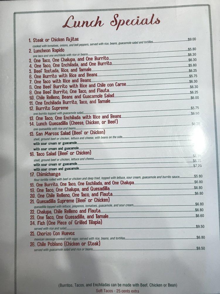 Menu at San Marcos Mexican Restaurant, Clanton