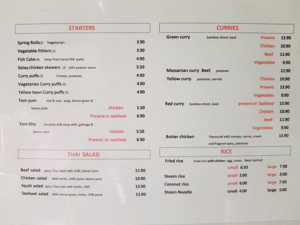 Menu at Smile Thai restaurant, Dover Gardens