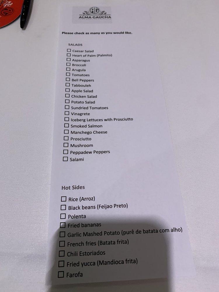 Menu at Alma Gaucha steakhouse, Boston
