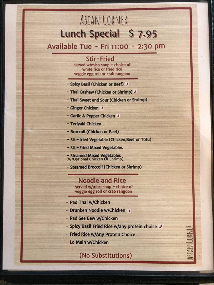 Menu at Asian Corner restaurant, Valley Park