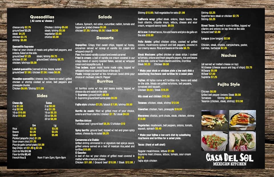 Menu at Casa Del Sol restaurant, Nicholls