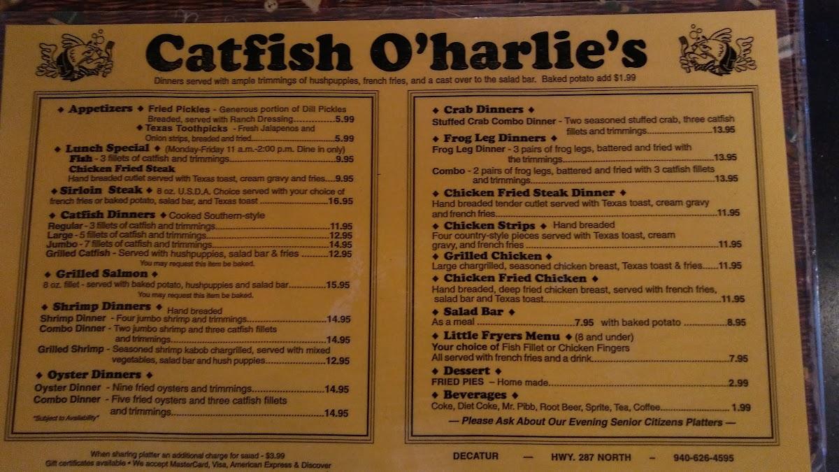 Menu at Catfish O'Harlies restaurant, Decatur