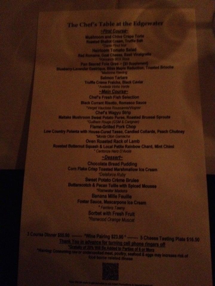 Menu at Chef's Table at the Edgewater restaurant, Winter Garden