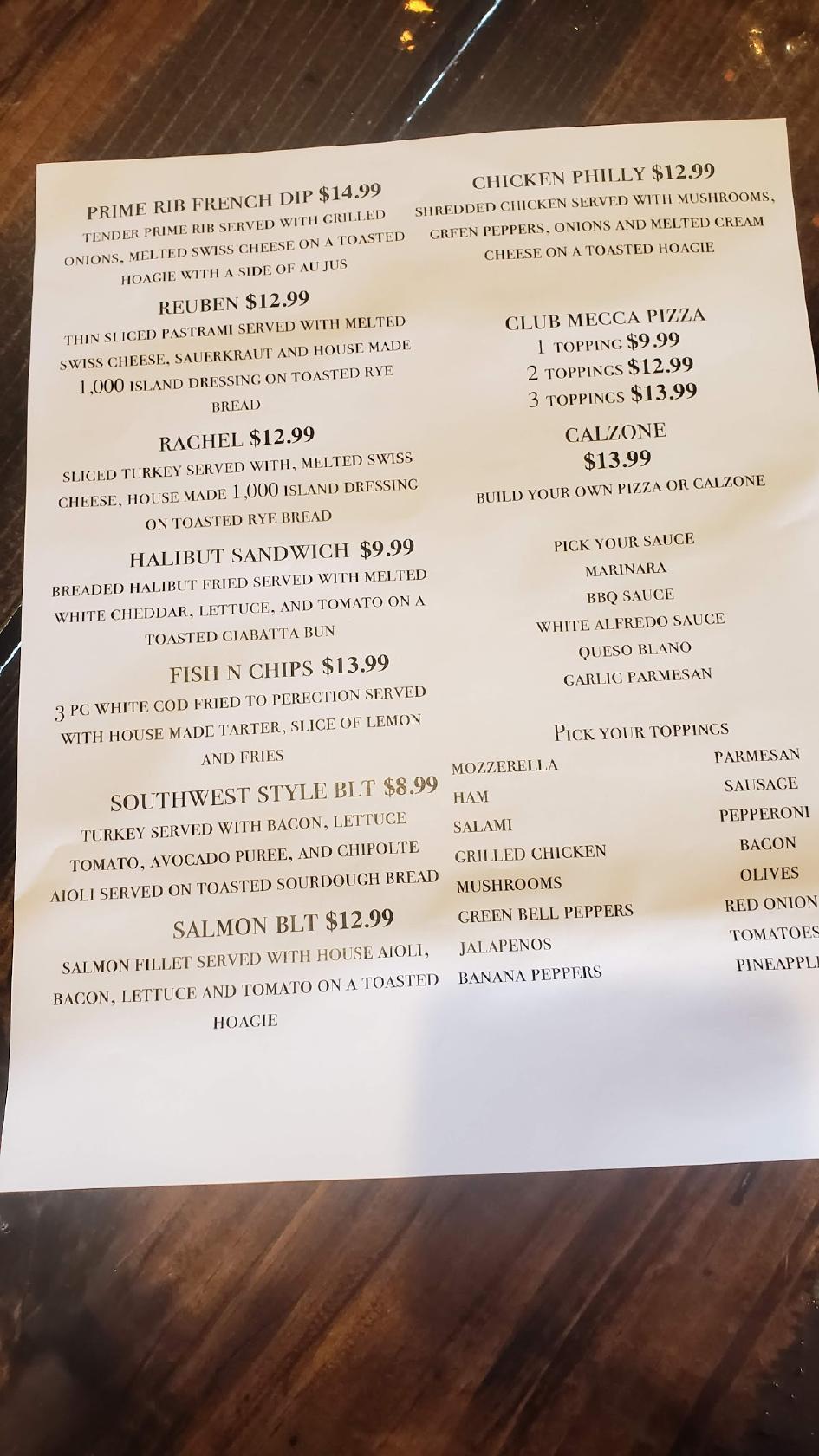 Menu at Club Mecca, Price