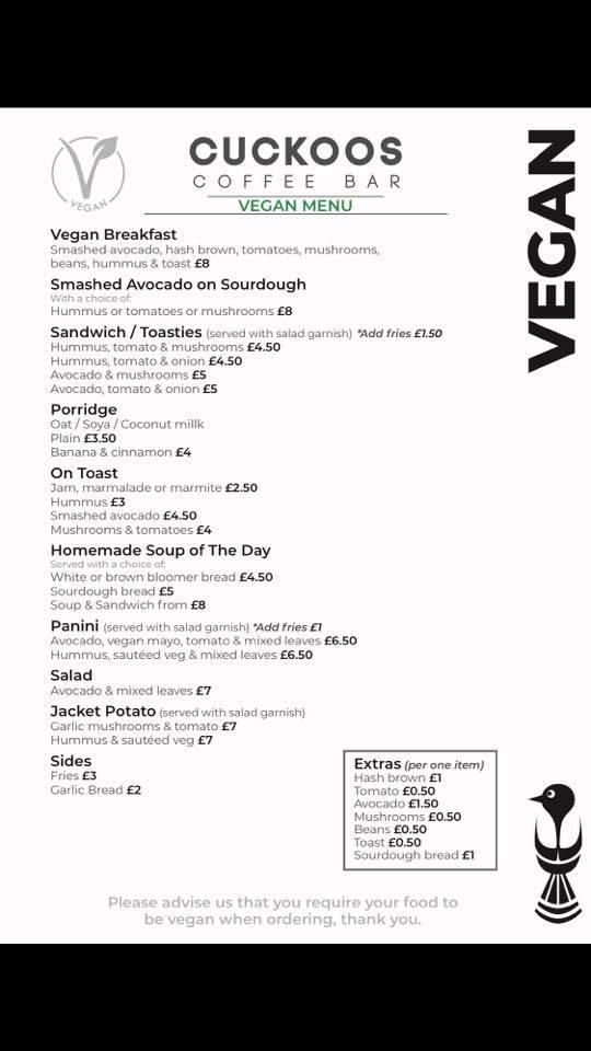 Menu at Cuckoos Coffee Bar, Christchurch