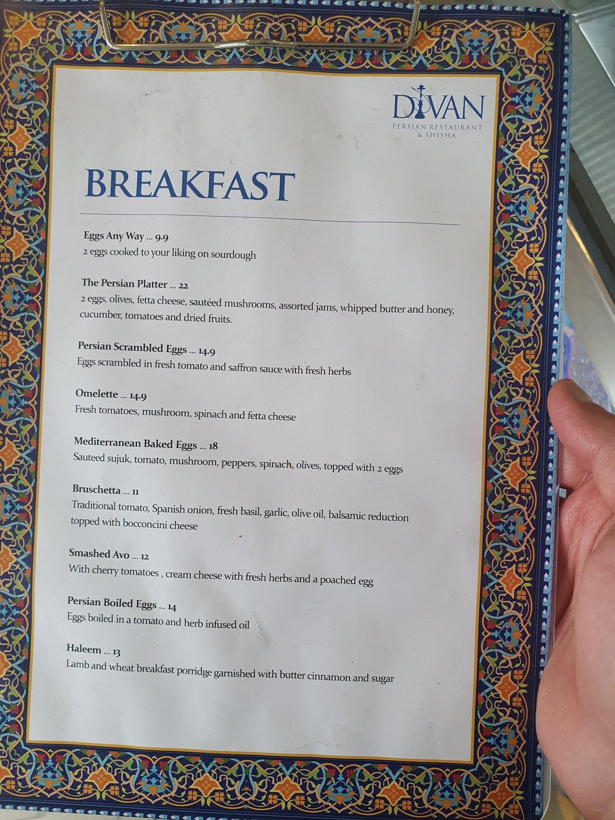 Menu at Divan Persian restaurant and shisha, Thomastown