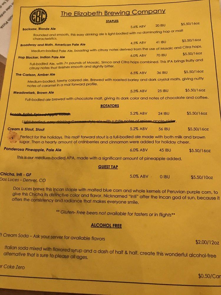 Menu at Elizabeth Brewing Company pub & bar, Elizabeth