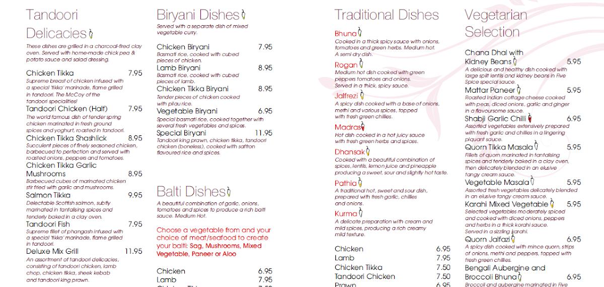 Menu at Five Spice Restaurant, Belbroughton