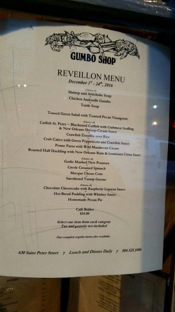 Menu at Gumbo Shop restaurant, New Orleans, 630 St Peter