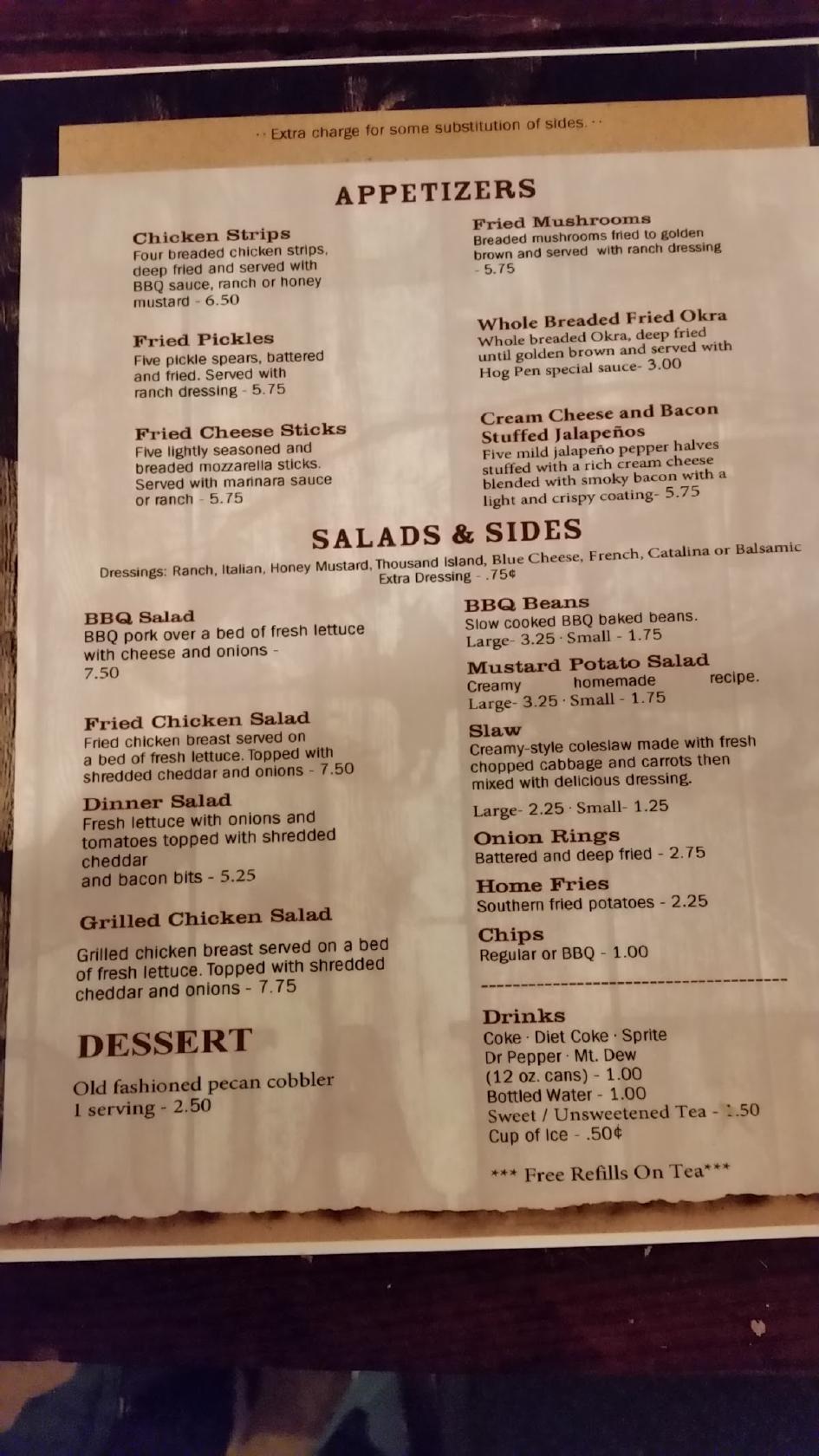Menu at Hog Pen Barbecue, Osceola