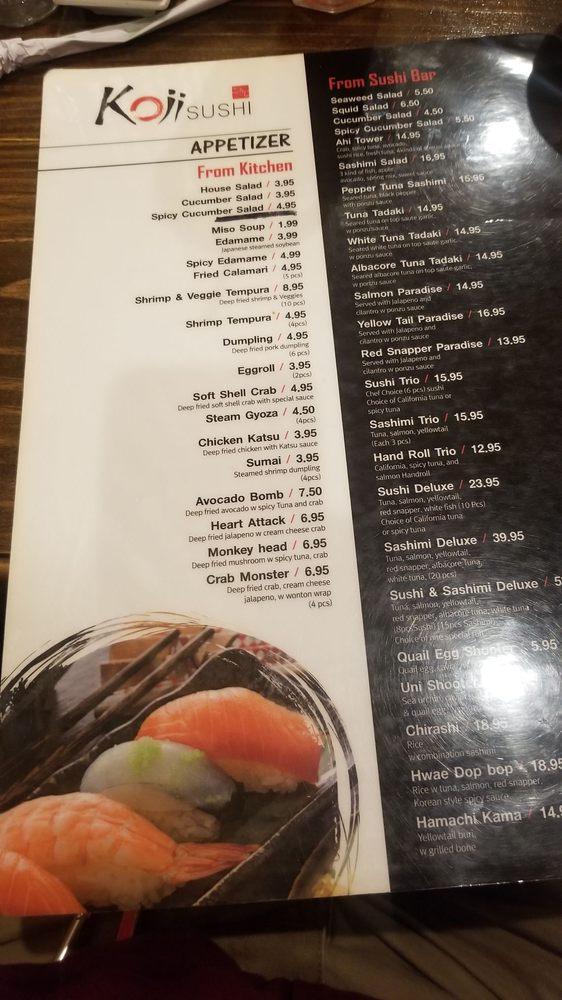 Menu at Koji Sushi restaurant, McKinney, 101 N McDonald St