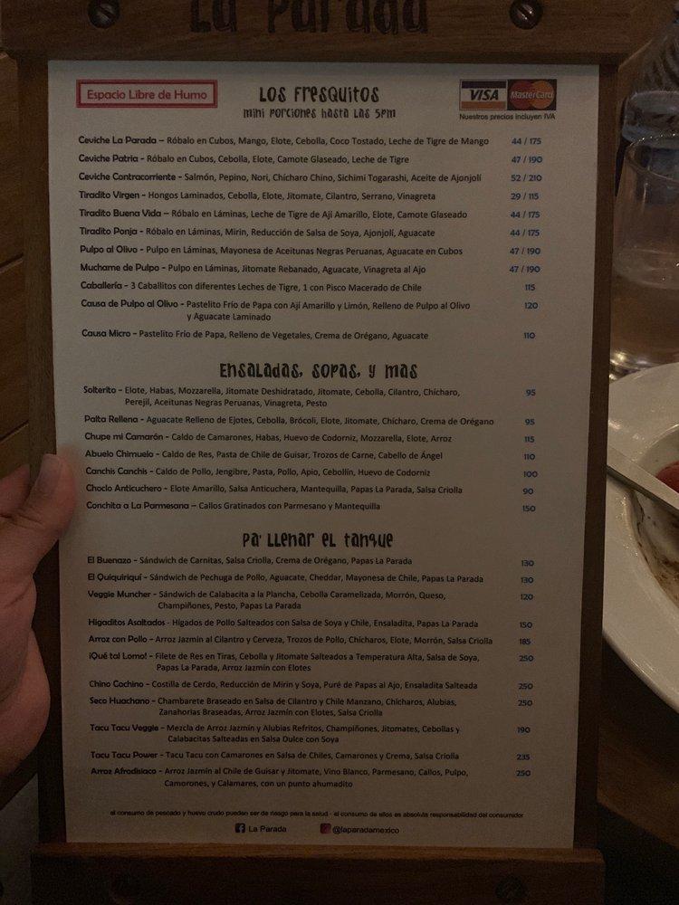 Carta del restaurante La Parada, San Miguel del Allende