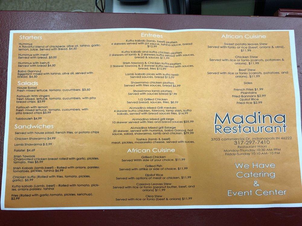 Menu at Madina Restaurant, Indianapolis