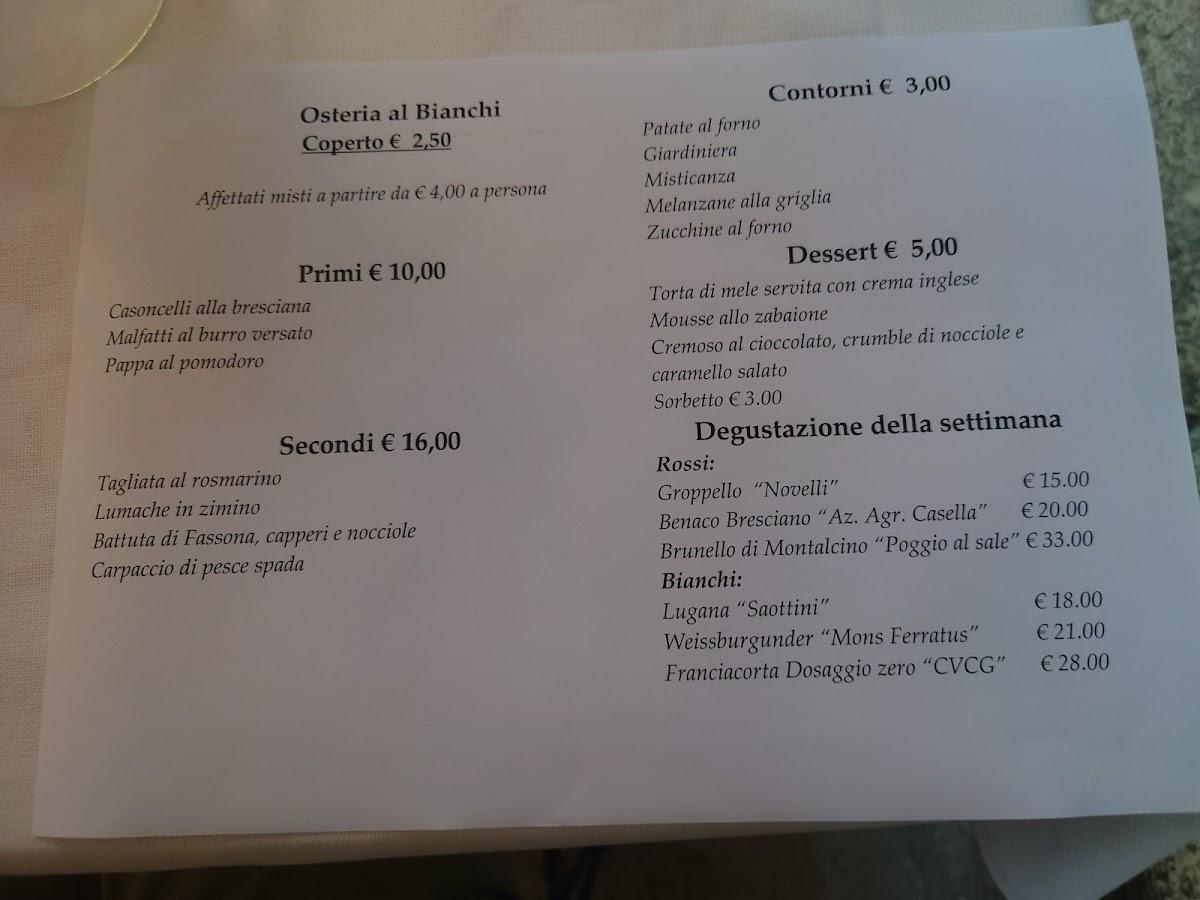 Menu at Osteria Al Bianchi restaurant, Brescia, Via Gasparo da Salò