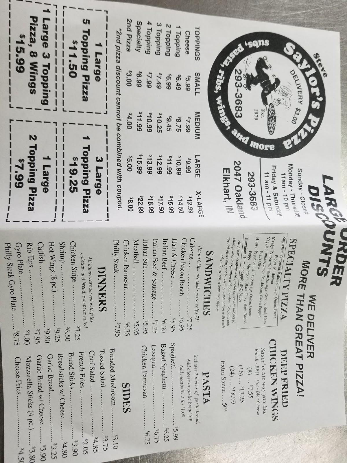 Menu at Saylor's Pizza & More pizzeria, Elkhart