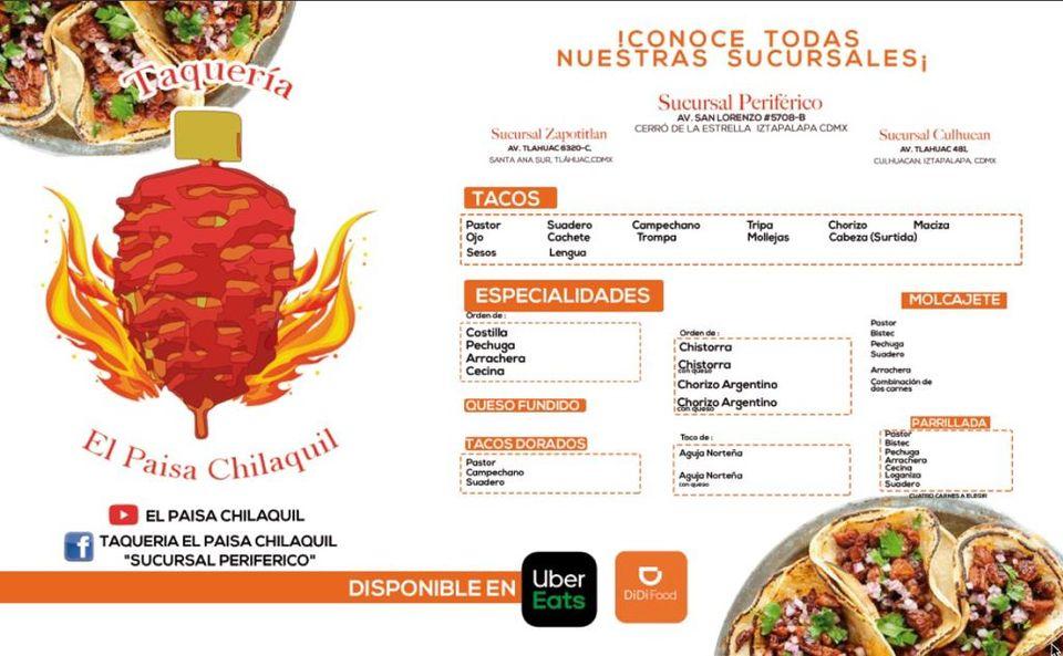Menu at Taqueria El Paisa Chilaquil Culhucan branch restaurant, Mexico City