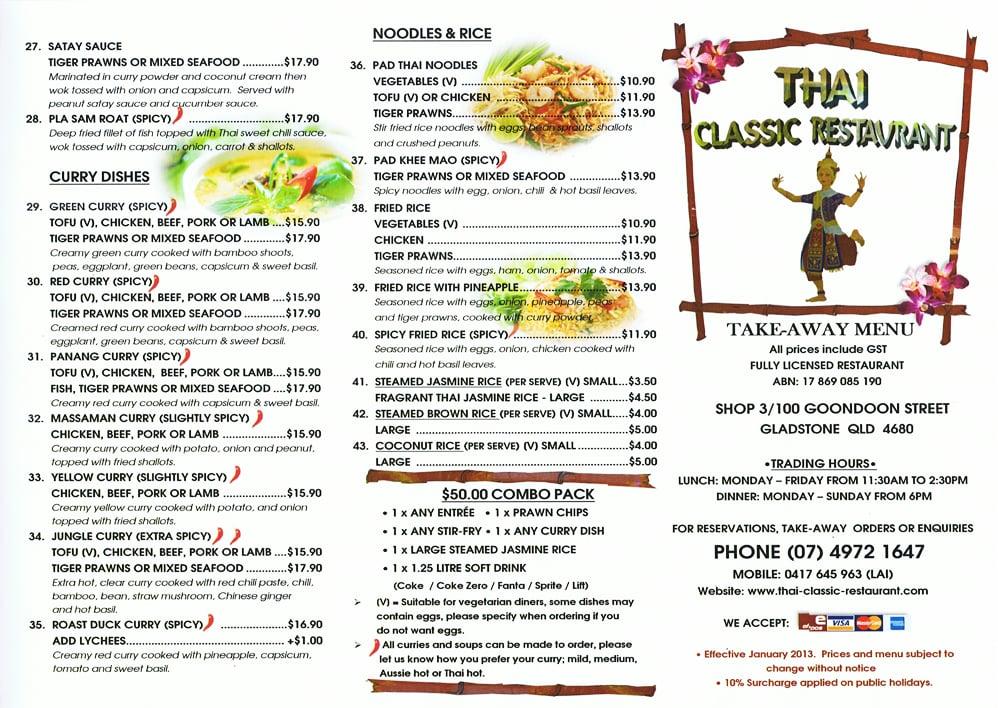 Menu at Thai Classic Restaurant, Gladstone Central