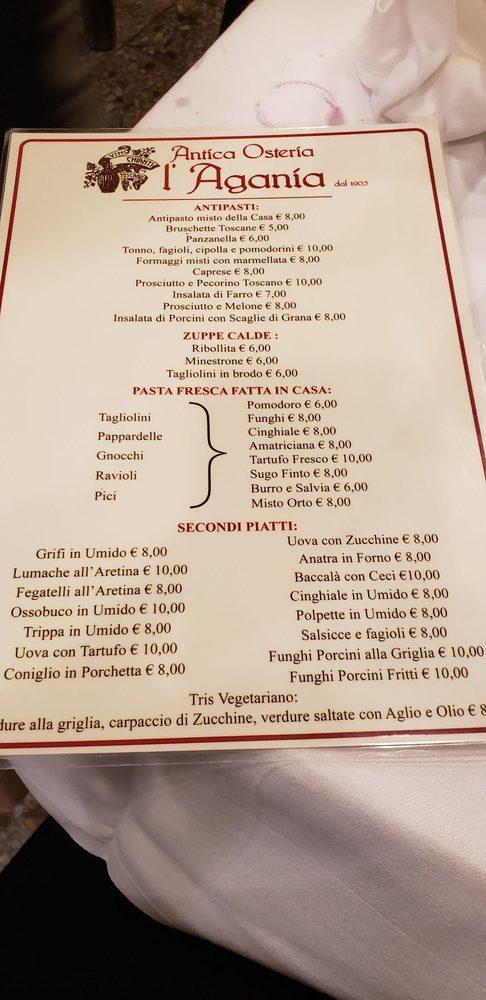 Menu at Antica Osteria l'Agania restaurant, Arezzo