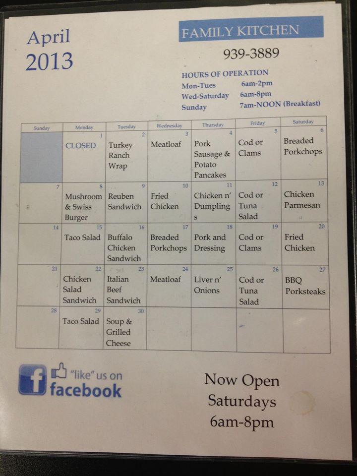 Menu at Family Kitchen restaurant, Waterloo