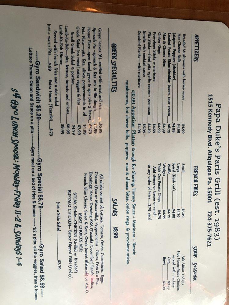 Menu at Paris Grill pub & bar, Aliquippa