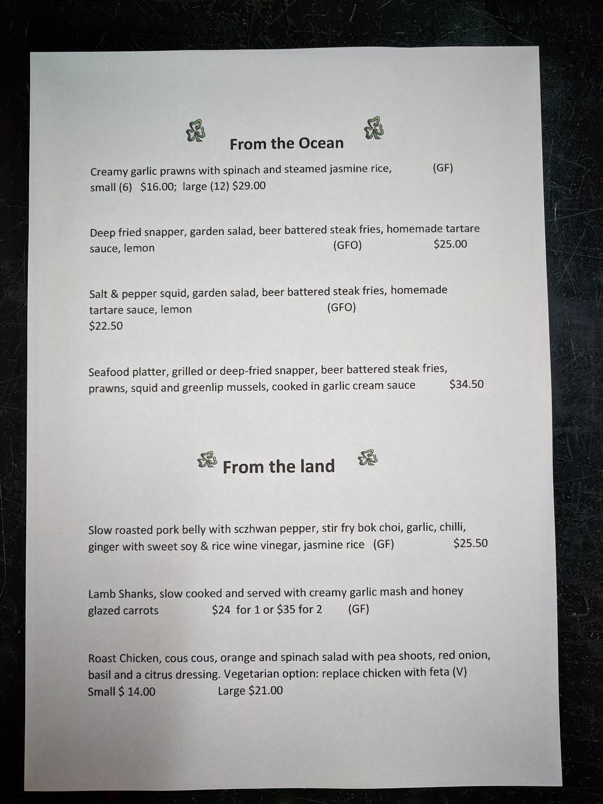 Menu at Shamrock Hotel Greenbushes pub & bar, Greenbushes