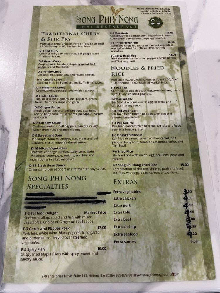 Menu at Song Phi Nong Thai Restaurant and Bar, Houma