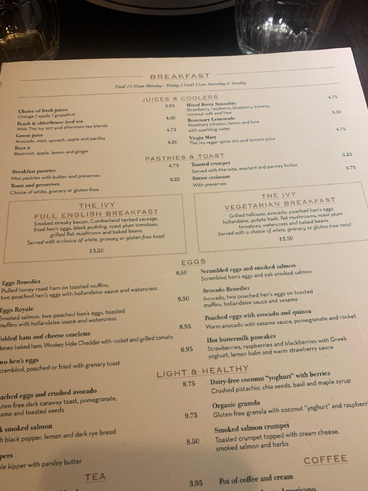 Menu at The Ivy Cafe Marylebone, London, 96 Marylebone Ln