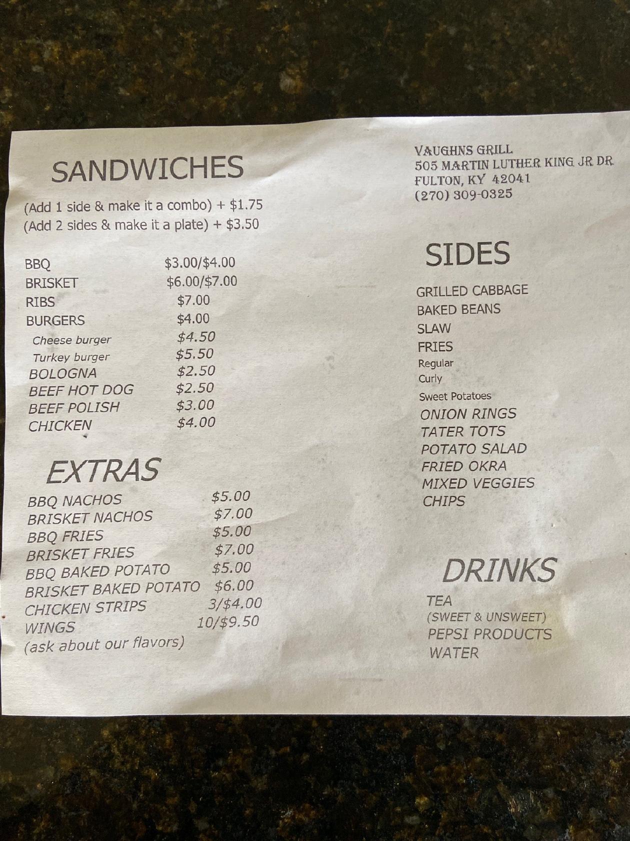 Menu at Vaughn's Grill restaurant, Fulton