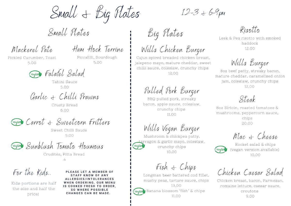 Menu at Wills restaurant, Hailsham